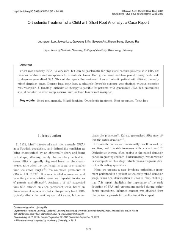 (PDF) Orthodontic Treatment of a Child with Short Root Anomaly : a Case ...