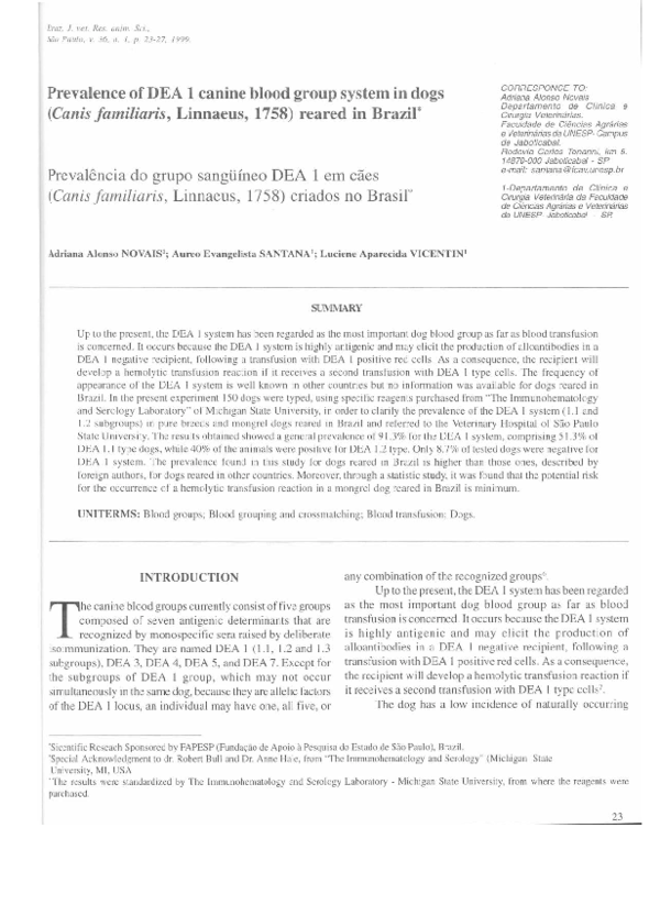 (PDF) Prevalence of DEA 1 canine blood group system in dogs (Canis ...