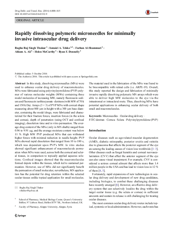 (PDF) Rapidly dissolving polymeric microneedles for minimally invasive ...