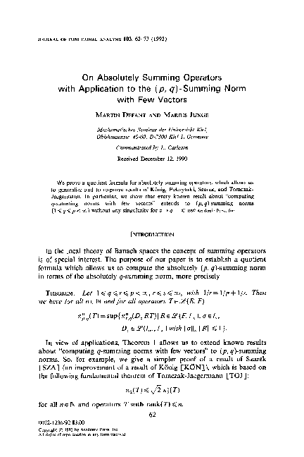 (PDF) On absolutely summing operators with application to the (p, q)-summing norm with few vectors
