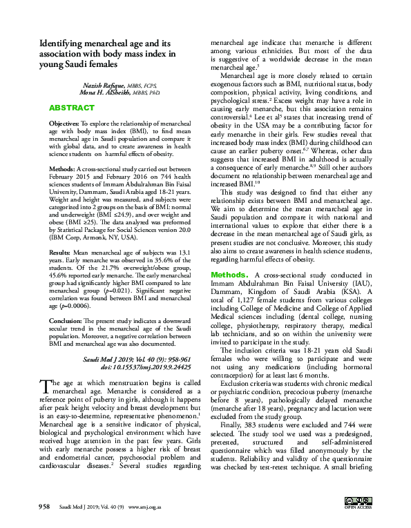 (PDF) Identifying menarcheal age and its association with body mass ...