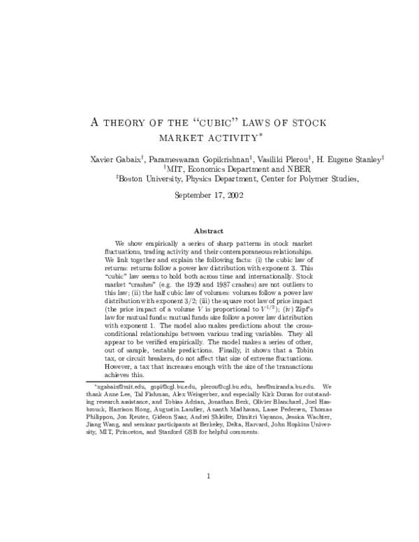 (PDF) A theory of the cubic laws of stock market activity