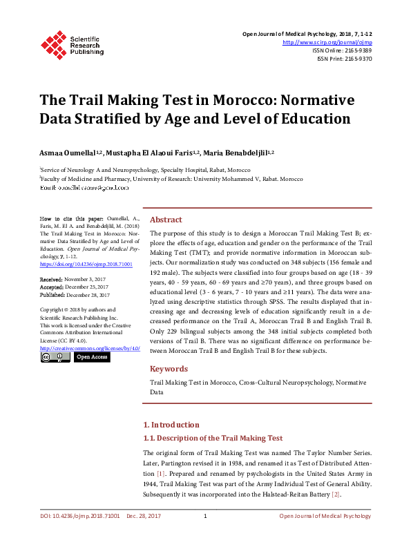 (PDF) The Trail Making Test in Morocco: Normative Data Stratified by ...