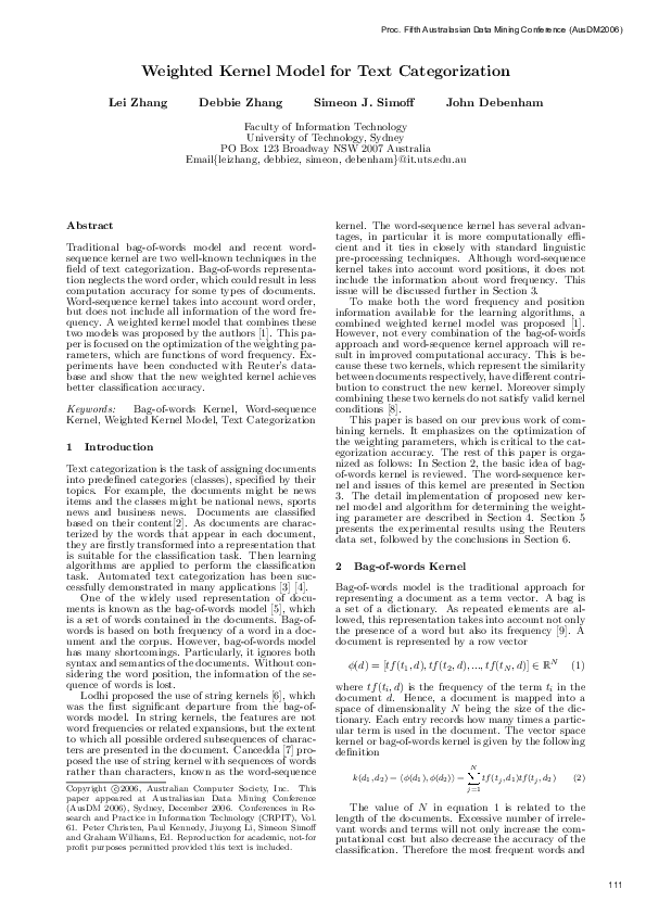 (PDF) Weighted kernel model for text categorization | Simeon SIMOFF - Academia.edu