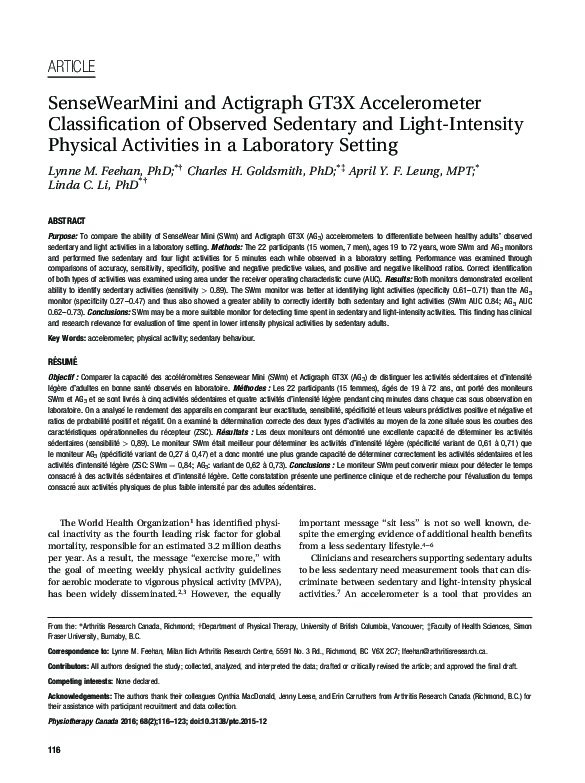 (PDF) SenseWearMini and Actigraph GT3X Accelerometer Classification of ...