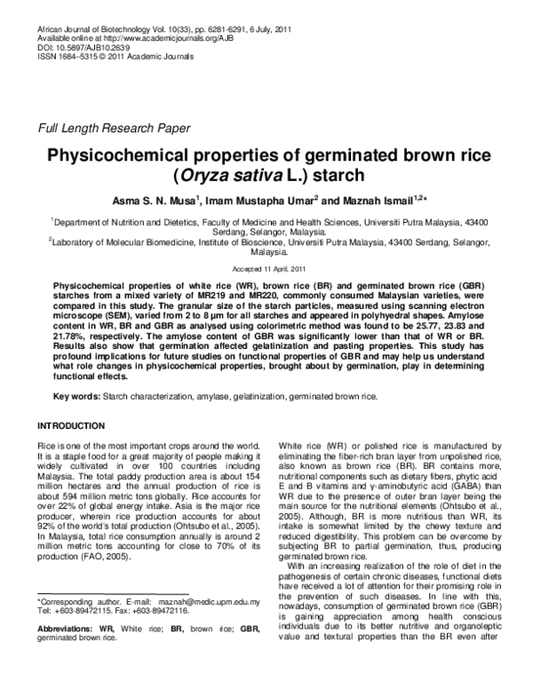 (PDF) Physicochemical properties of germinated brown rice (Oryza sativa ...