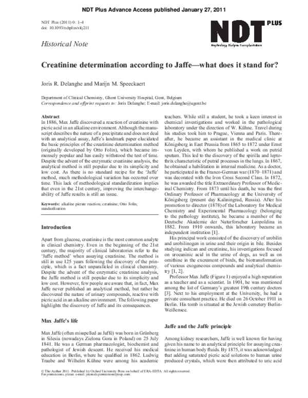 (PDF) Creatinine determination according to Jaffe--what does it stand for?