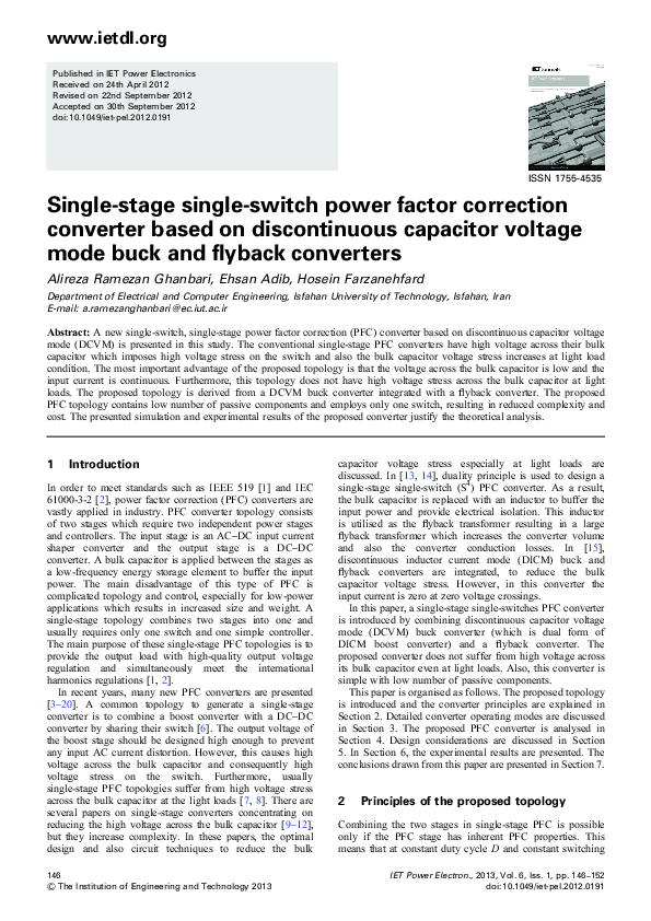 Pdf Single Stage Single Switch Power Factor Correction Converter Based On Discontinuous
