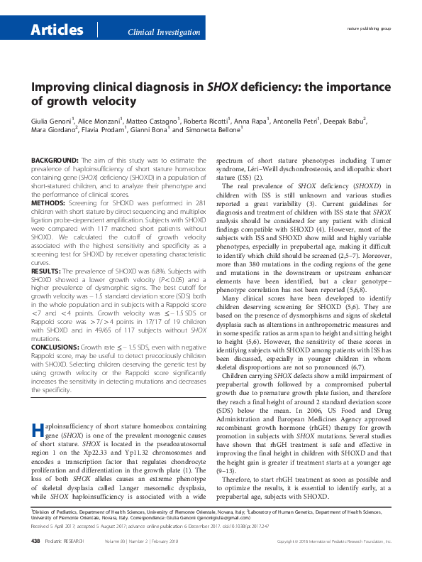 (PDF) Improving clinical diagnosis in SHOX deficiency: the importance ...
