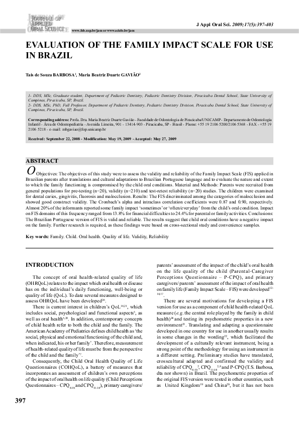 (PDF) Evaluation of the Family Impact Scale for use in Brazil
