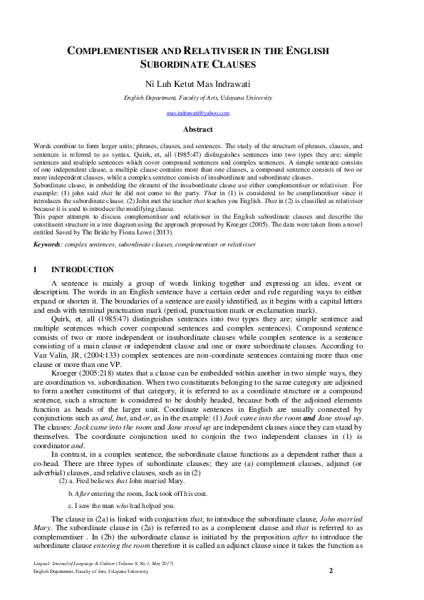 (PDF) Complementiser and Relativiser in the English Subordinate Clauses