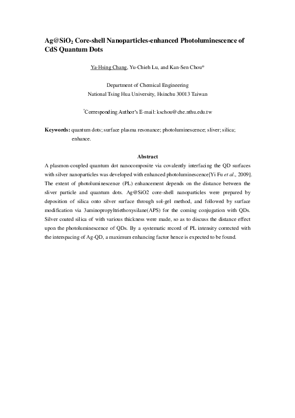(PDF) Ag@ SiO2 Core-shell Nanoparticles-enhanced Photoluminescence of CdS Quantum Dots
