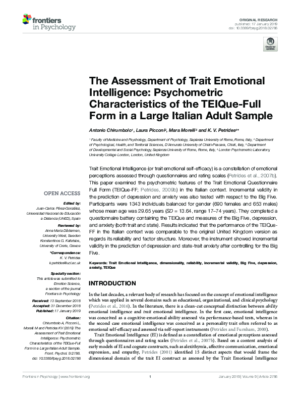 (PDF) The Assessment of Trait Emotional Intelligence: Psychometric ...