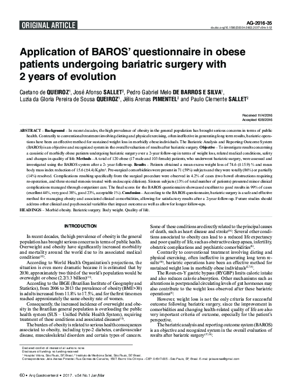 (PDF) Application of BAROS' questionnaire in obese patients undergoing ...