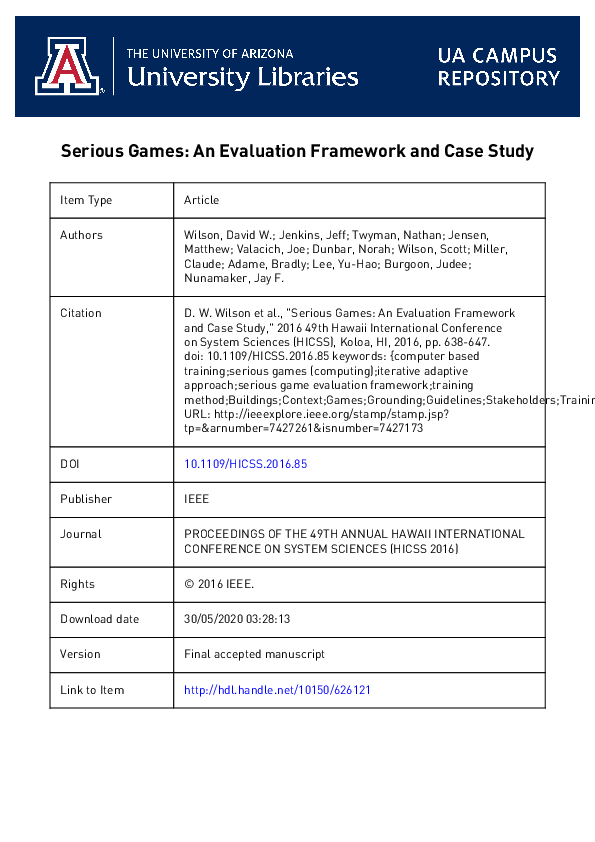 (PDF) Serious Games: An Evaluation Framework and Case Study