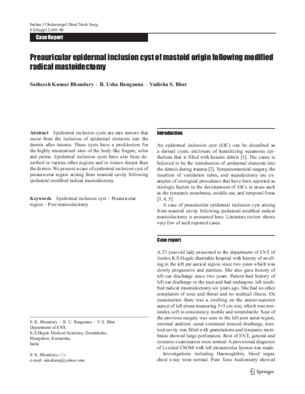 (PDF) Preauricular Epidermal Inclusion Cyst Of Mastoid Origin Following ...