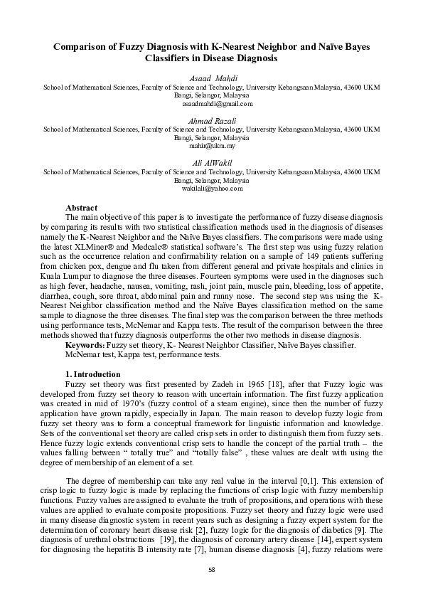 (PDF) Fuzzy Diagnosis vs K-NN and Naïve Bayes in Disease Detection