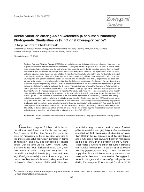 (PDF) Dental Variation among Asian Colobines (Nonhuman Primates ...