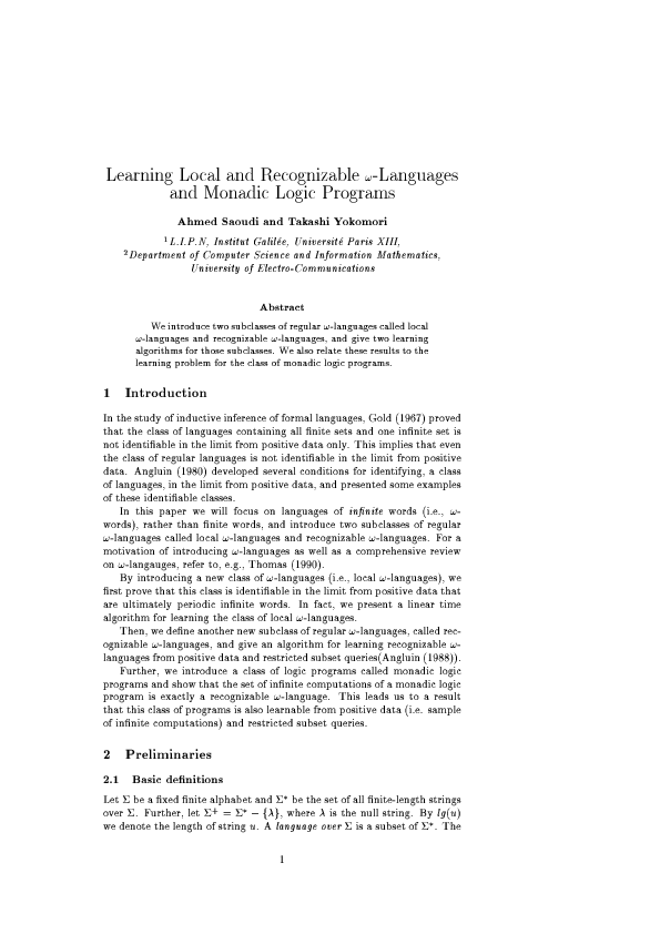 Pdf Learning Local And Recognizable Omega Languages And Monadic Logic Programs