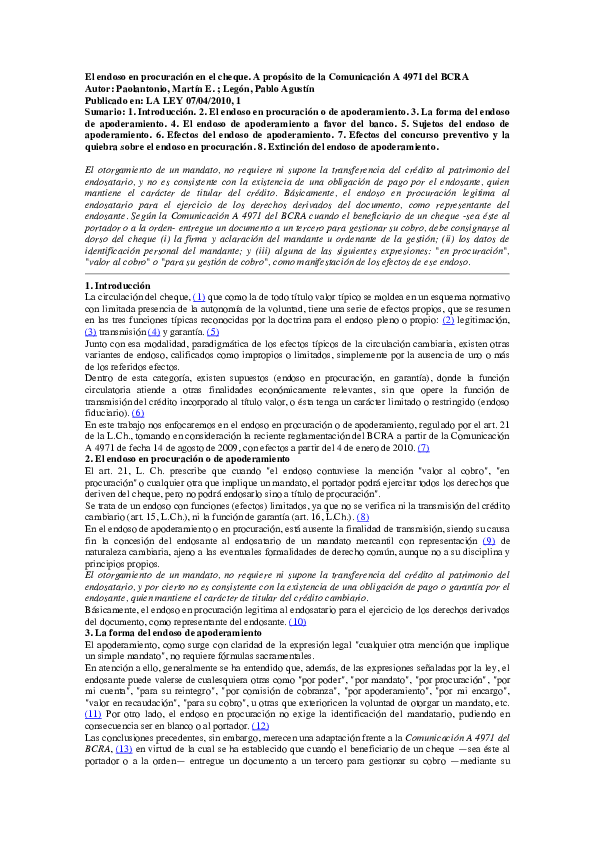 (PDF) El endoso en procuración en el cheque. A propósito de la ...