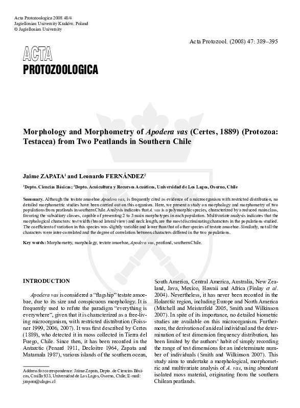 (PDF) Morphology and Morphometry of Apodera vas(Certes, 1889)(Protozoa ...