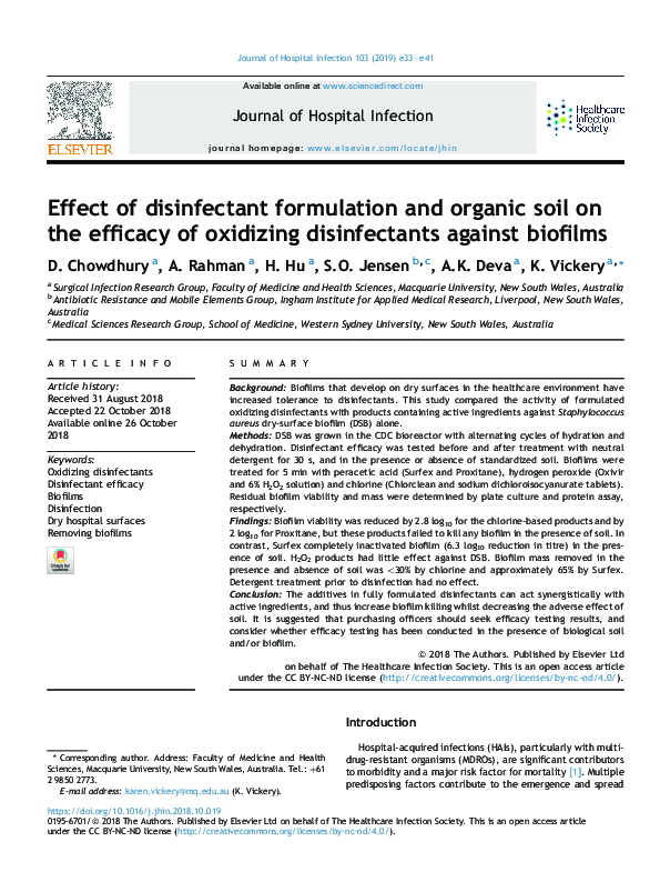 (PDF) The effect of disinfectant formulation and organic soil on the ...
