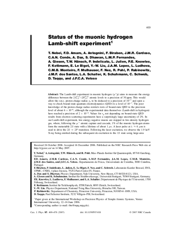 (PDF) Status of the muonic hydrogen Lamb-shift experiment