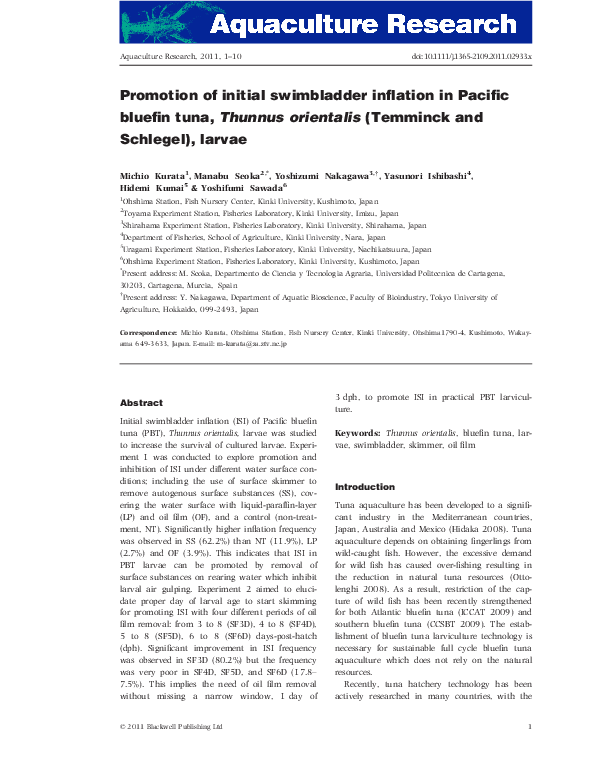 (PDF) Promotion of initial swimbladder inflation in Pacific bluefin ...