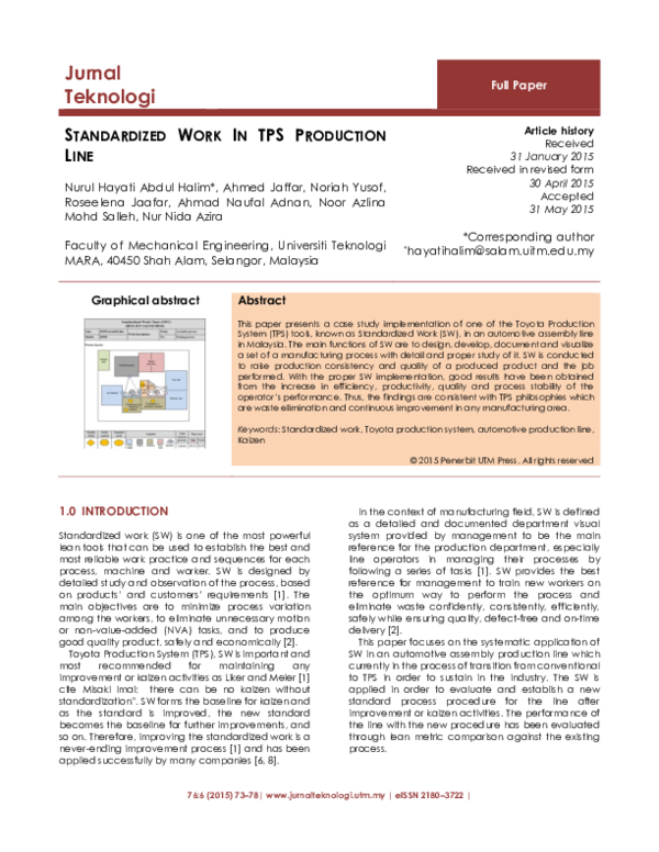 (PDF) Standardized Work in TPS Production Line