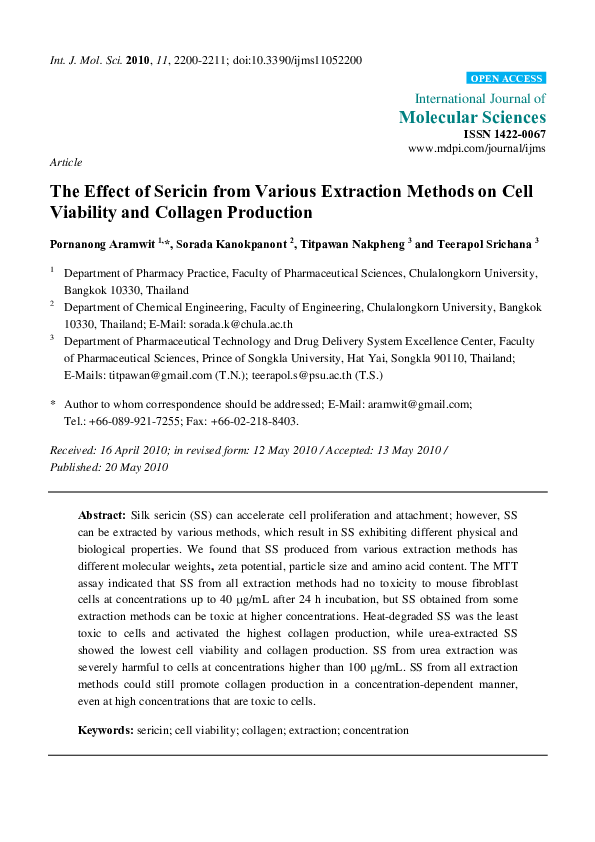 (PDF) The Effect of Sericin from Various Extraction Methods on Cell Viability and Collagen ...