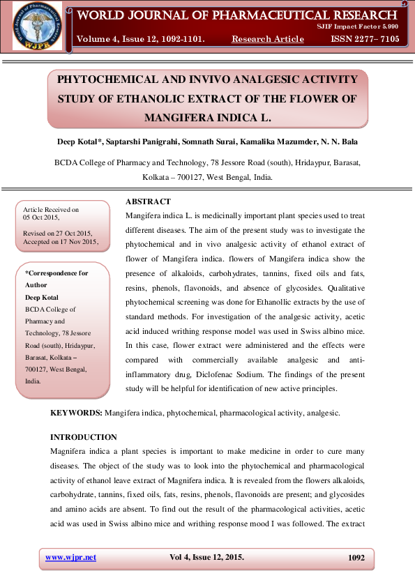 (PDF) PHYTOCHEMICAL AND INVIVO ANALGESIC ACTIVITY STUDY OF ETHANOLIC EXTRACT OF THE FLOWER OF ...