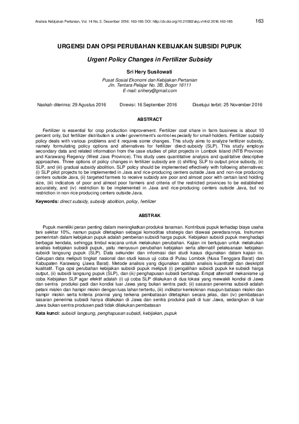 (PDF) Urgensi dan Opsi Perubahan Kebijakan Subsidi Pupuk | sri hery susilowati - Academia.edu