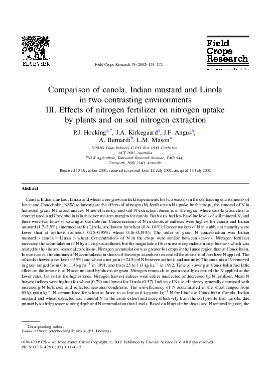(PDF) Comparison of canola, Indian mustard and Linola in two ...
