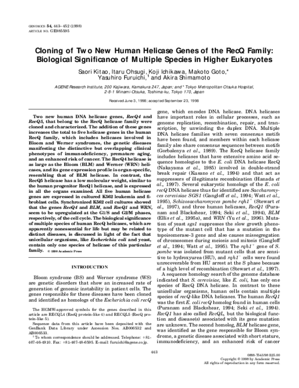 (PDF) Cloning of Two New Human Helicase Genes of the RecQ Family ...