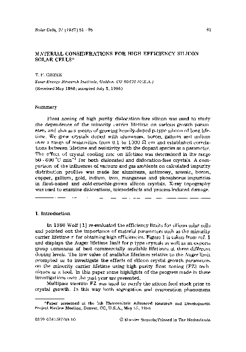 (PDF) Material considerations for high efficiency silicon solar cells