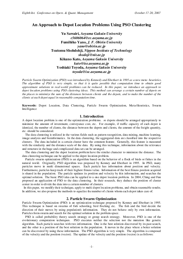 (PDF) An Approach to Depot Location Problems Using PSO Clustering