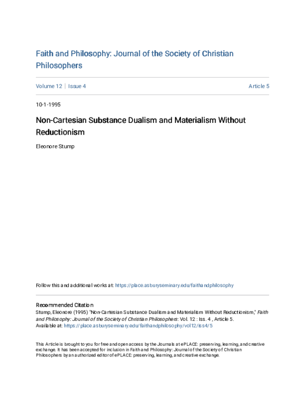 (PDF) Non-Cartesian Substance Dualism and Materialism Without Reductionism