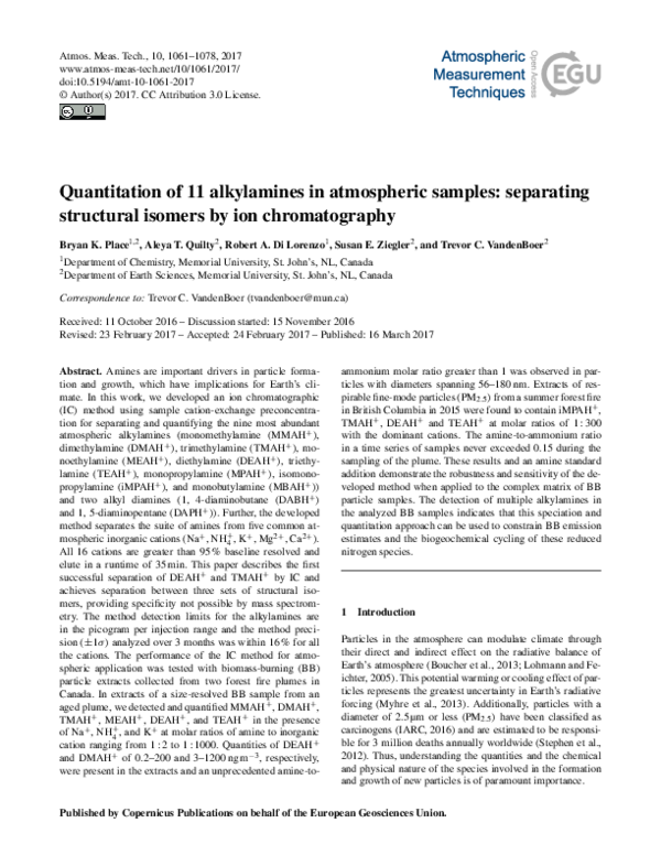 Pdf Quantitation Of 11 Alkylamines In Atmospheric Samples Separating Structural Isomers By