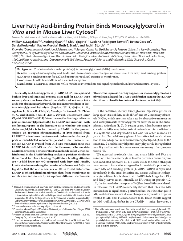 (PDF) Liver Fatty Acid-binding Protein Binds Monoacylglycerol in Vitro ...