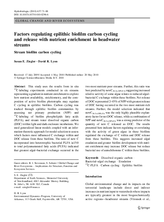 (PDF) Nutrient Effects on Epilithic Biofilm Carbon Cycling in Streams