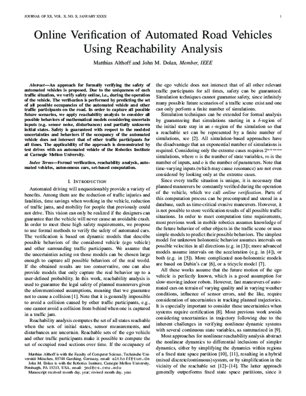 (PDF) Online Verification of Automated Road Vehicles Using Reachability ...