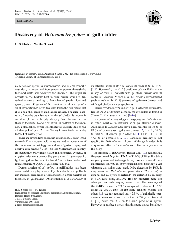 (PDF) Discovery of Helicobacter pylori in gallbladder
