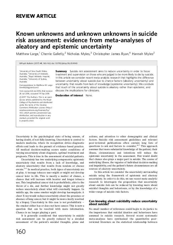 (PDF) Known unknowns and unknown unknowns in suicide risk assessment ...