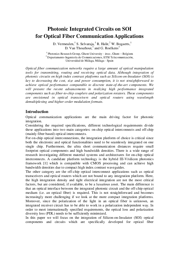 (PDF) Photonic integrated circuits on SOI for optical fiber communication applications