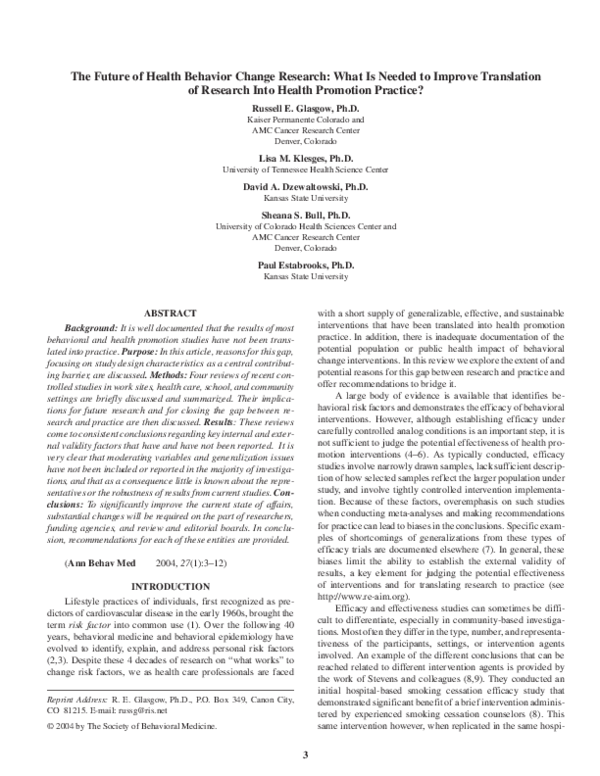 (PDF) The Future of Health Behavior Change Research: What Is Needed to ...