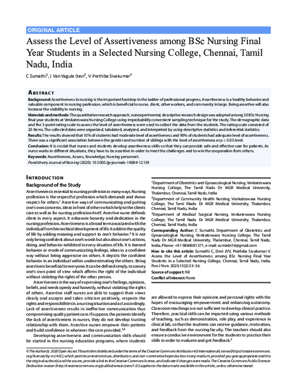 (PDF) Assess the Level of Assertiveness among BSc Nursing Final Year Students in a Selected ...