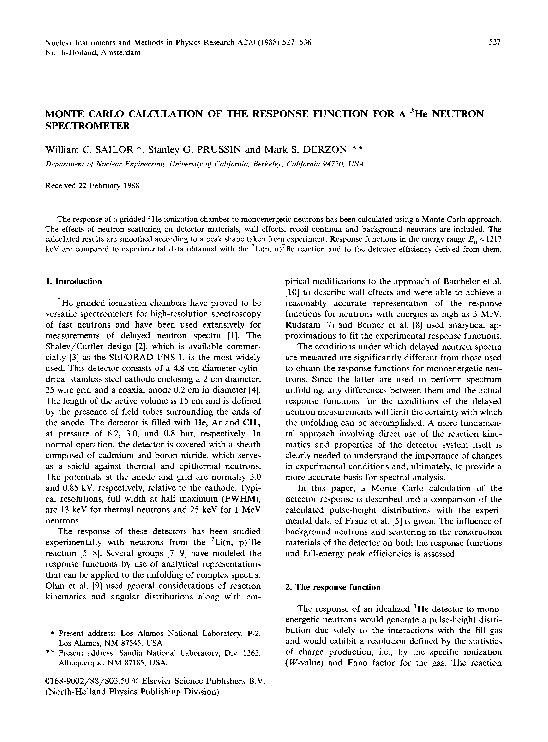 (PDF) Monte Carlo calculation of the response function for a 3He neutron spectrometer | Mark ...