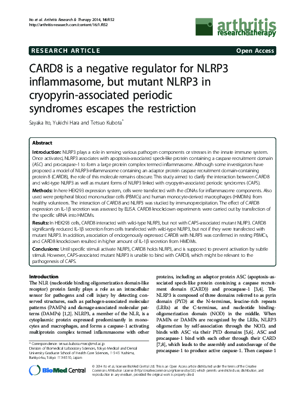 (PDF) CARD8 is a negative regulator for NLRP3 inflammasome, but mutant ...