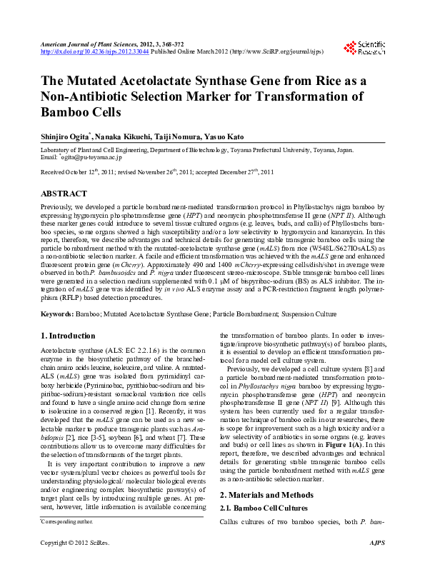 (PDF) The Mutated Acetolactate Synthase Gene from Rice as a Non-Antibiotic Selection Marker for ...