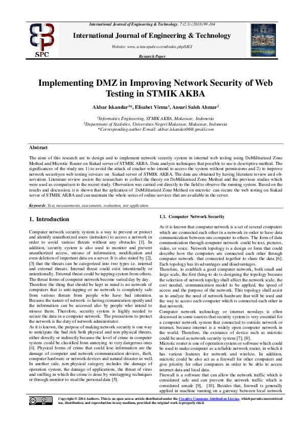 Pdf Implementing Dmz In Improving Network Security Of Web Testing In